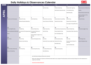 April Daily Holidays & Observances Printable Calendar - S&S Blog