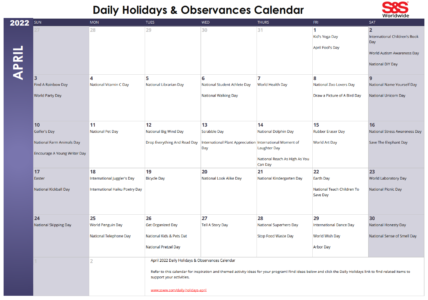 Daily Holidays & Observances Printable Calendar Archives - S&S Blog
