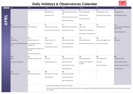 April Daily Holidays & Observances Printable Calendar - S&S Blog