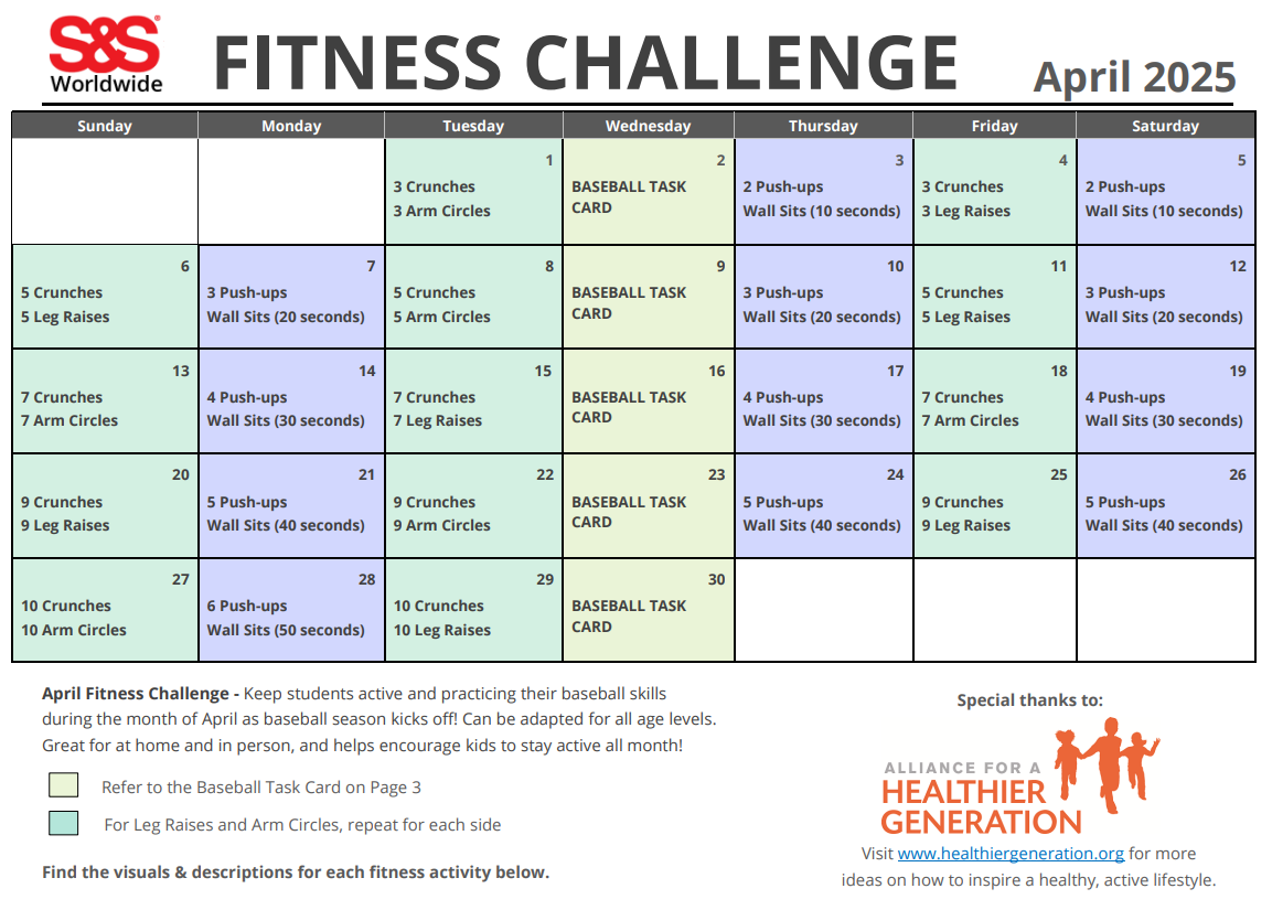 April Printable Fitness Challenge Calendar - S&S Blog