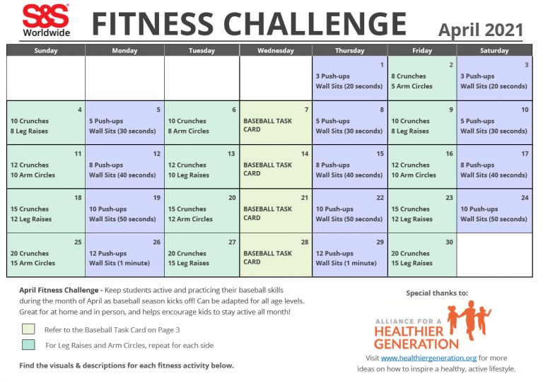 April Fitness Challenge Calendar 2021 - S&S Blog