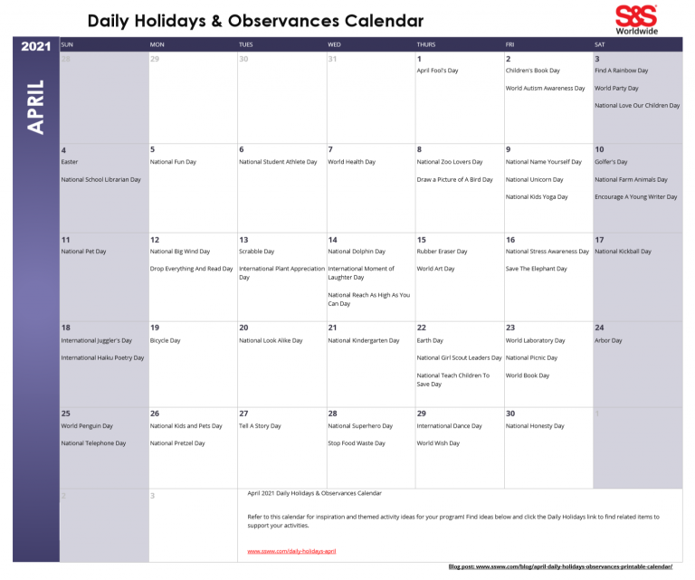 Daily Holidays & Observances Printable Calendar Archives - S&S Blog