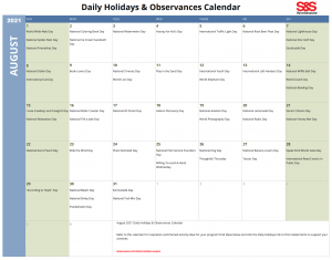 August Daily Holidays & Observances Printable Calendar - S&S Blog