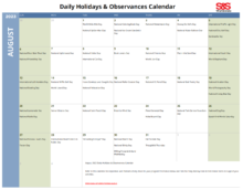 August Daily Holidays & Observances Printable Calendar - S&S Blog