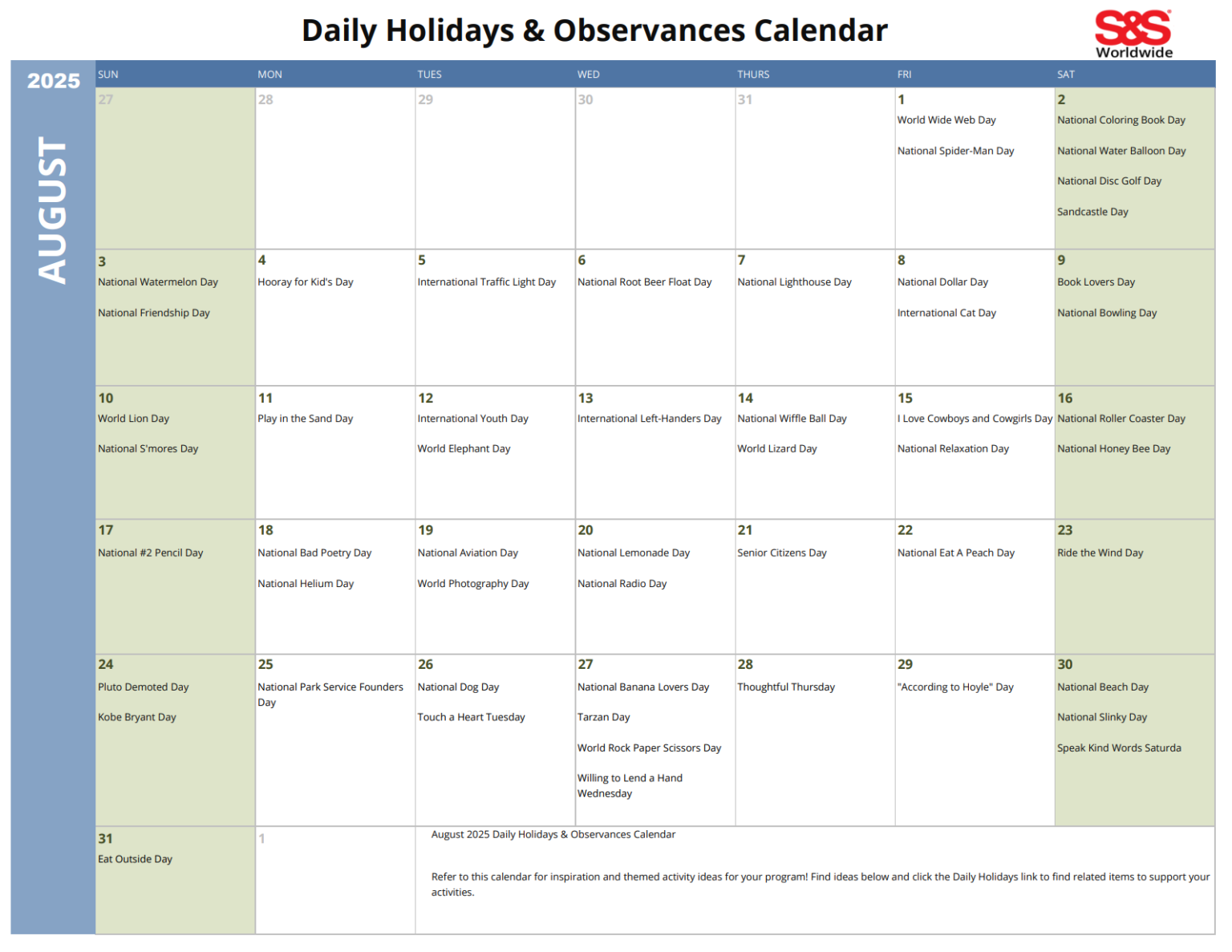 October Daily Holidays & Observances Printable Calendar - S&S Blog