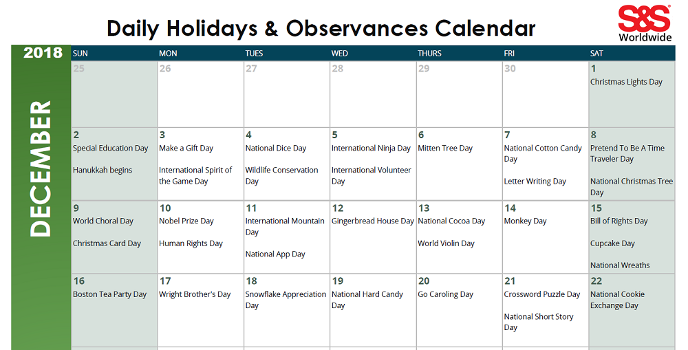 December 2018 Printable Daily Holidays Calendar FB - S&S Blog
