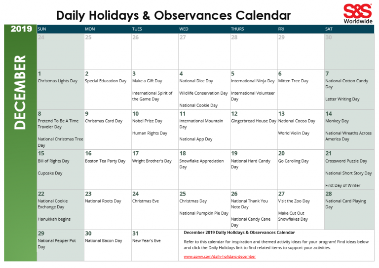 December 2019 Printable Daily Holidays Calendar - S&S Blog