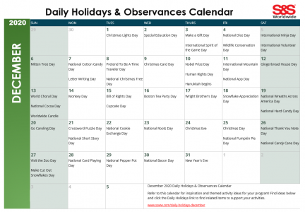 December 2020 Printable Daily Holidays Calendar - S&S Blog