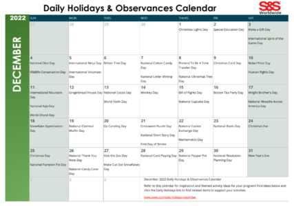 December Daily Holidays & Observances Printable Calendar - S&S Blog