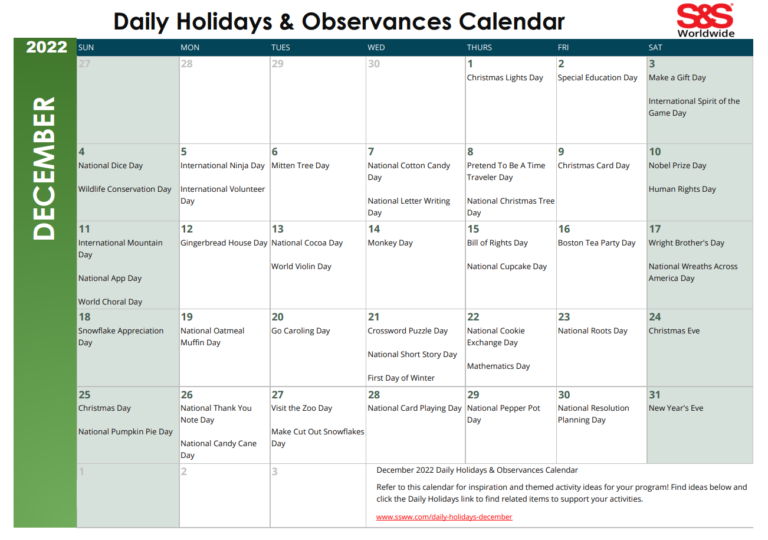 Daily Holidays & Observances Printable Calendar Archives - S&S Blog