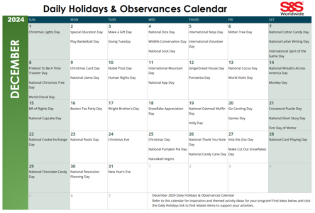 December Daily Holidays & Observances Printable Calendar - S&S Blog