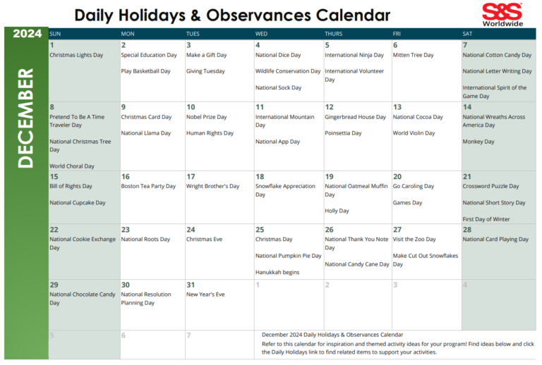 December Daily Holidays & Observances Printable Calendar - S&S Blog