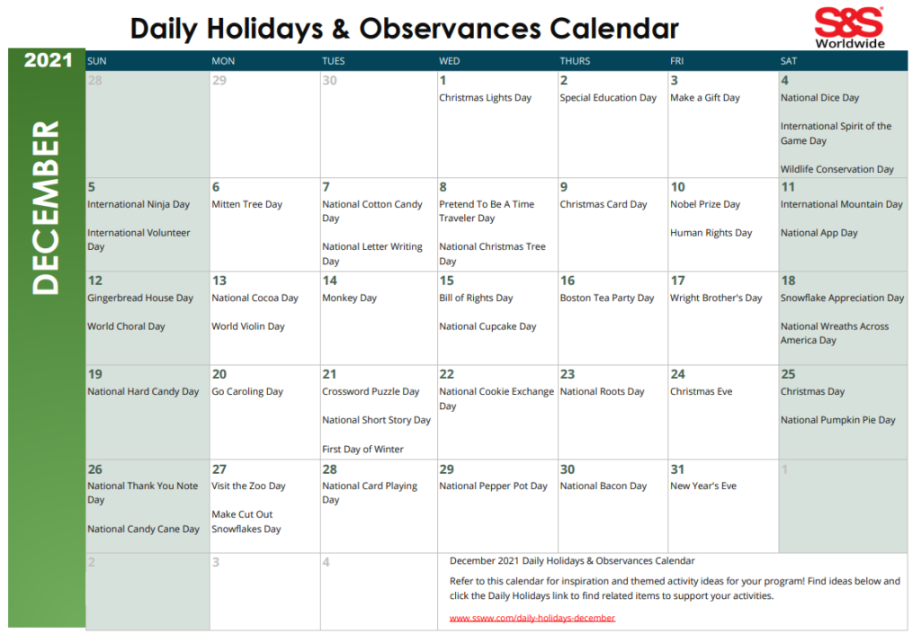 December Daily Holidays & Observances Printable Calendar - S&S Blog