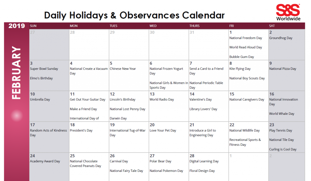 February 2019 Printable Daily Holidays Calendar 3 - S&S Blog