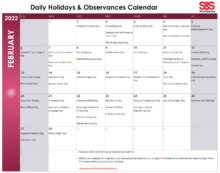 February Daily Holidays & Observances Printable Calendar - S&S Blog