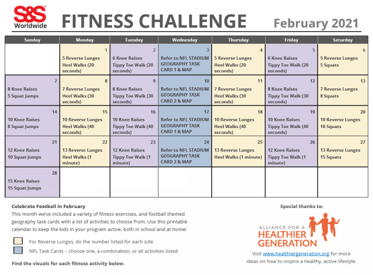 February Fitness Challenge Calendar 2021 - S&S Blog