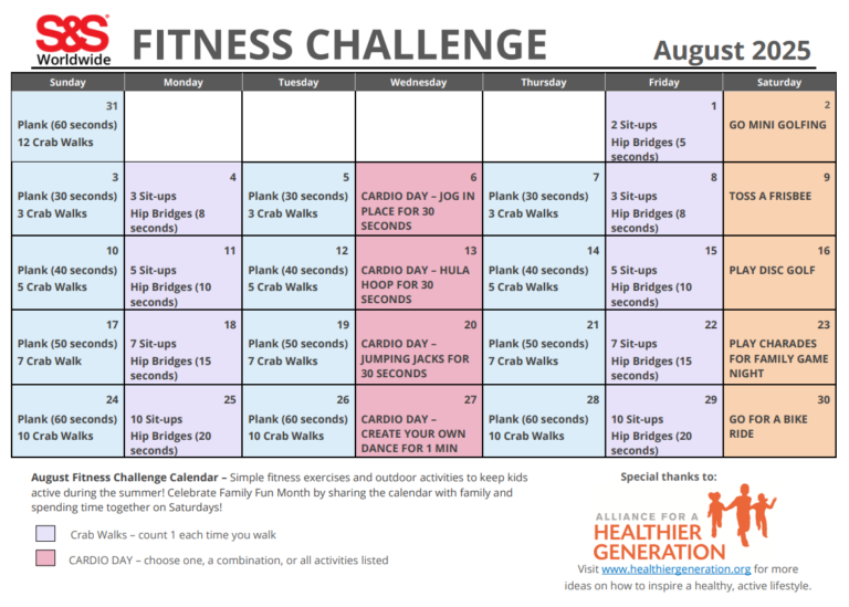 August Printable Fitness Challenge Calendar - S&S Blog