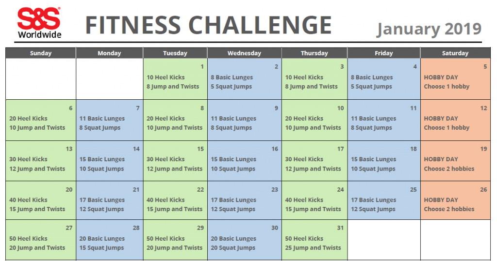 Fitness Challenge Calendar January 2019 2 - S&S Blog