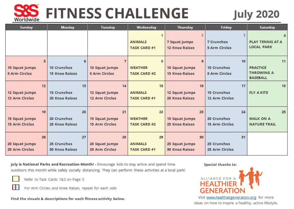 Fitness Challenge Calendar July 2020 - S&S Blog