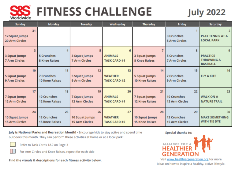 July Printable Fitness Challenge Calendar - S&S Blog