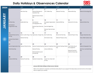 Daily Holidays & Observances Printable Calendar Archives - S&S Blog