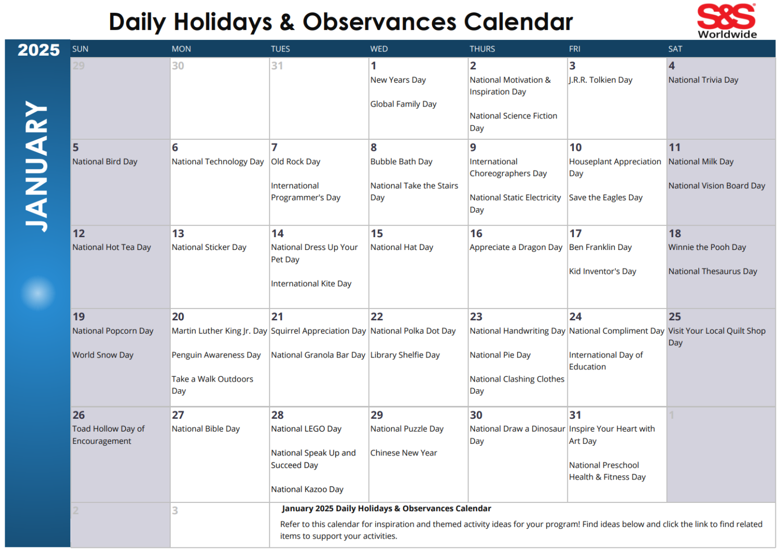 April Daily Holidays & Observances Printable Calendar - S&S Blog