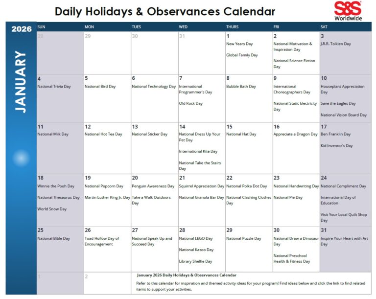 April Daily Holidays & Observances Printable Calendar - S&S Blog