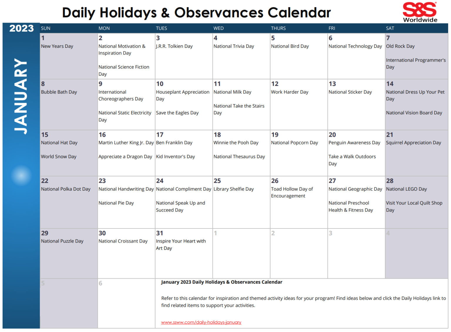 Daily Holidays & Observances Printable Calendar Archives - S&S Blog