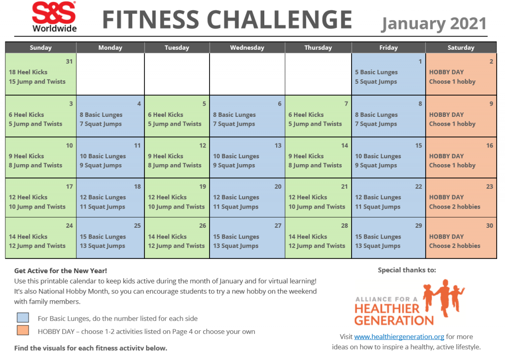 January Printable Fitness Challenge Calendar 2021 1 - S&S Blog