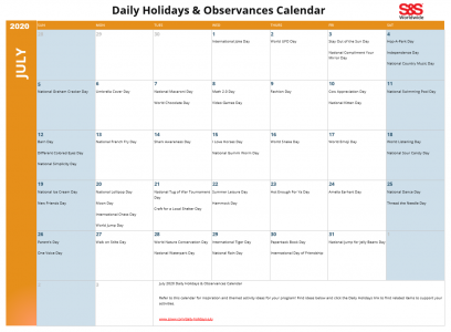 July 2020 Printable Daily Holidays Calendar - S&S Blog