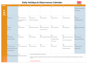 July Daily Holidays & Observances Printable Calendar - S&S Blog