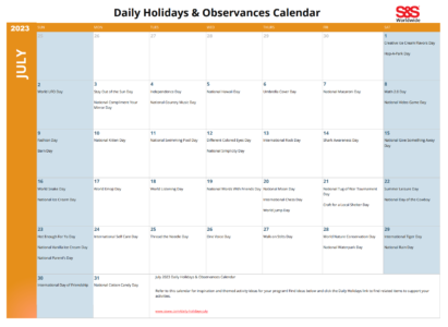 Daily Holidays & Observances Printable Calendar Archives - S&S Blog