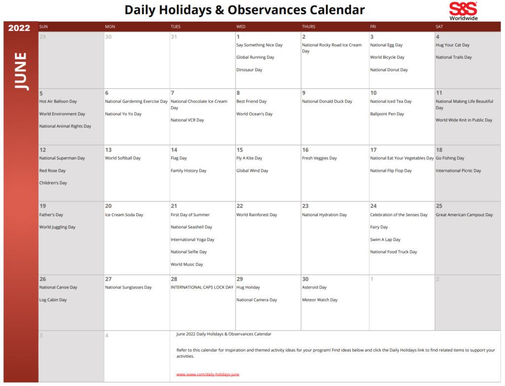 August Daily Holidays & Observances Printable Calendar - S&S Blog