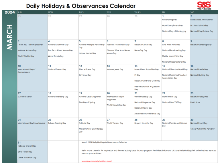 April Daily Holidays & Observances Printable Calendar - S&S Blog