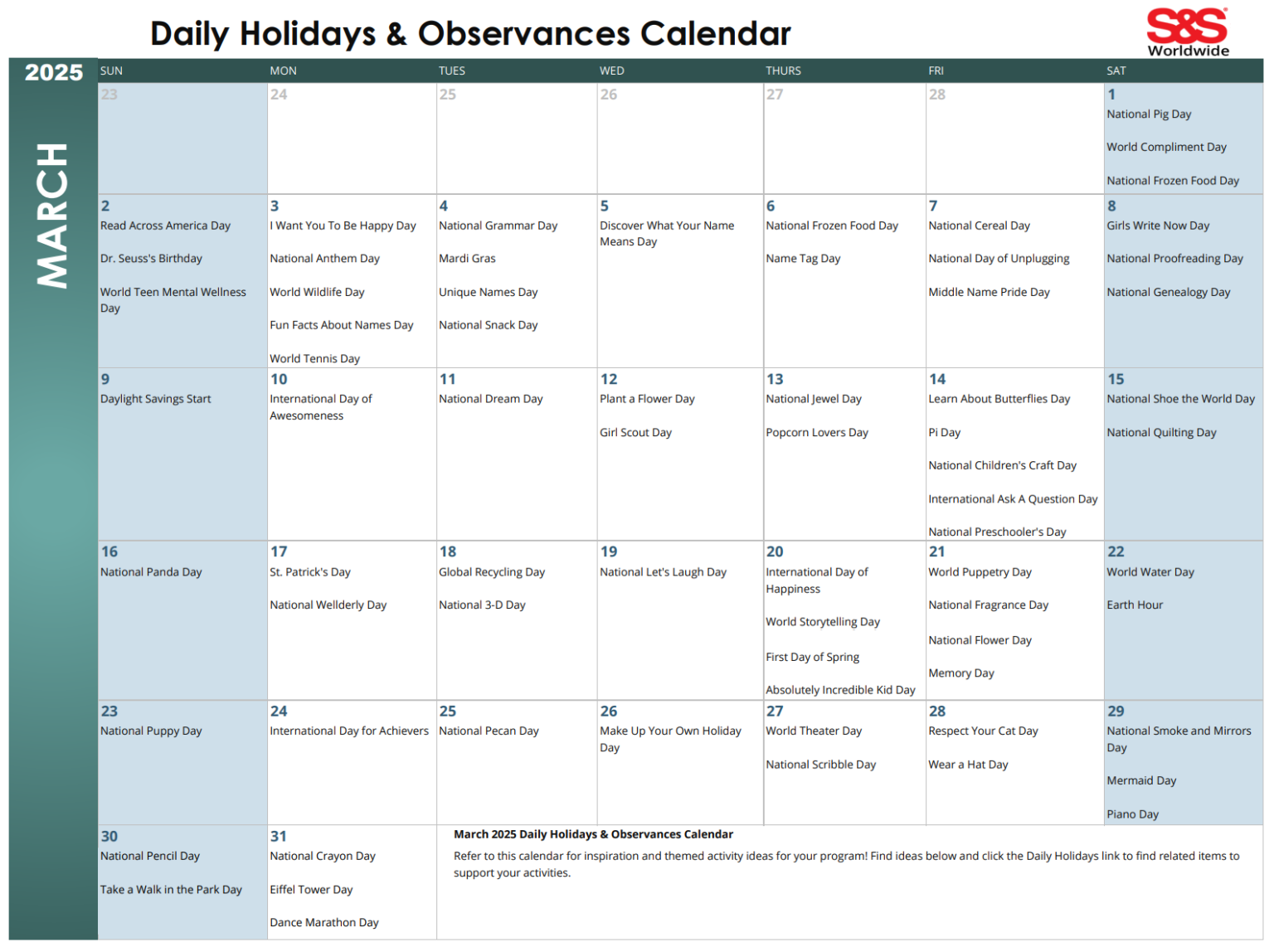 April Daily Holidays & Observances Printable Calendar - S&S Blog