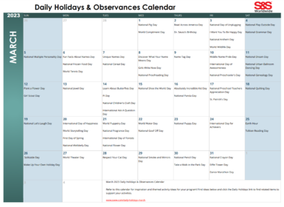 Daily Holidays & Observances Printable Calendar Archives - S&S Blog