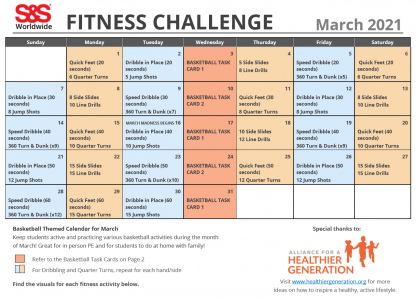 March Fitness Challenge Calendar 2021 - S&S Blog