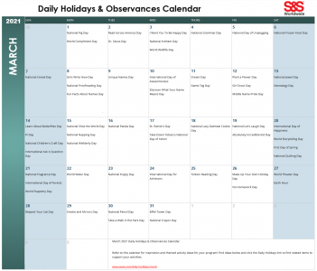 March Printable Daily Holidays Calendar 2021 - S&S Blog