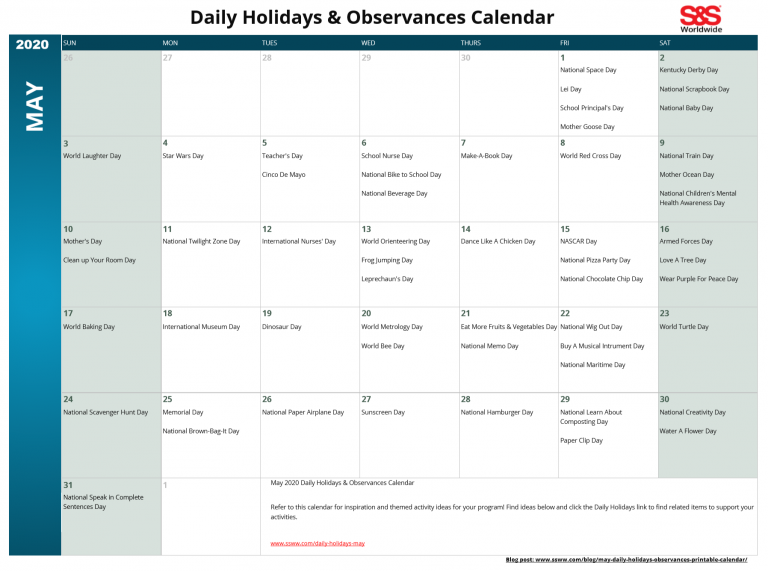 May 2020 Printable Daily Holidays Calendar - S&S Blog