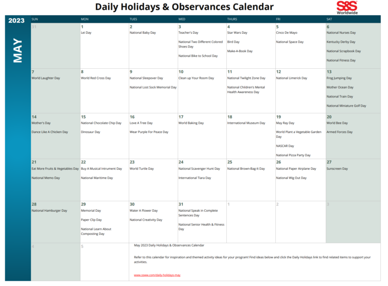 Daily Holidays & Observances Printable Calendar Archives - S&S Blog