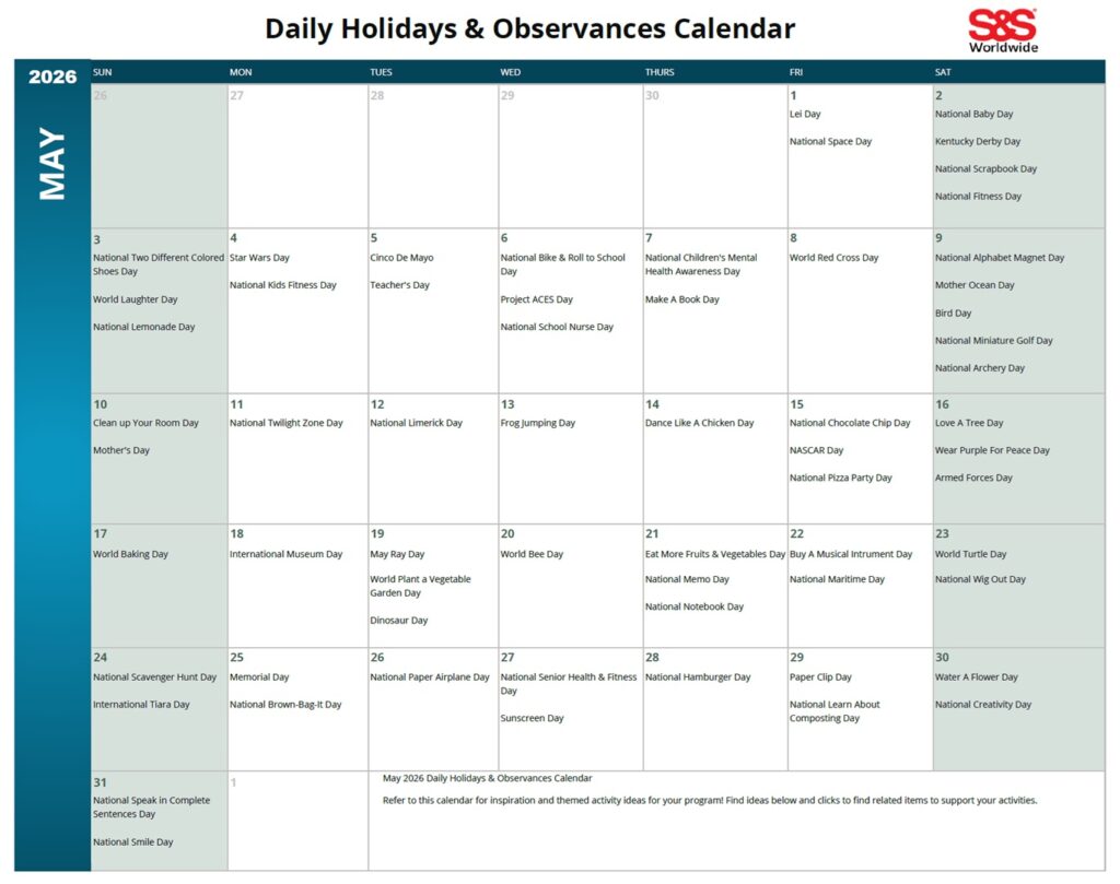 April Daily Holidays & Observances Printable Calendar - S&S Blog
