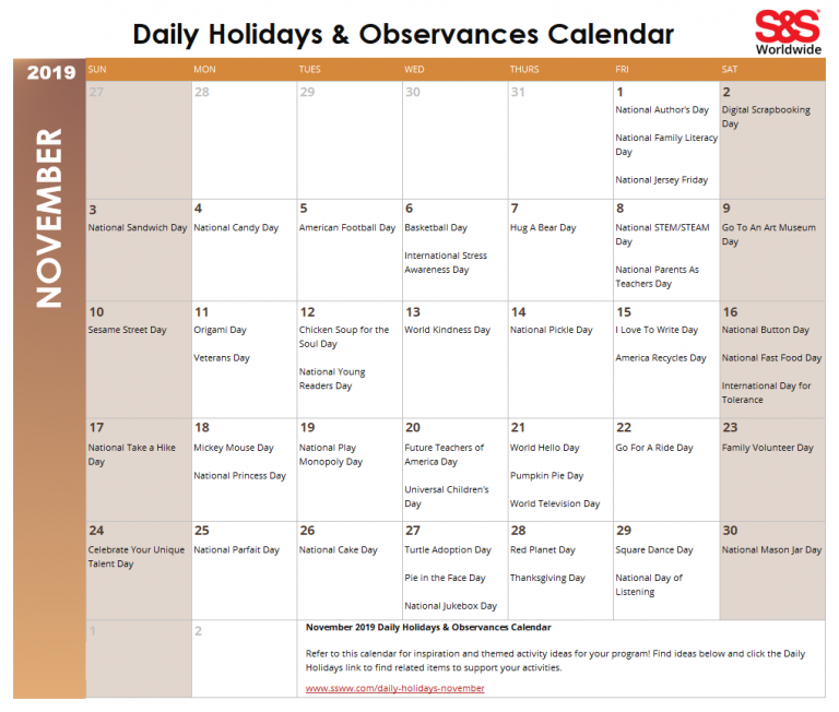 November 2019 Printable Daily Holidays Calendar - S&S Blog