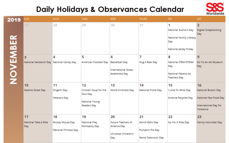 November 2019 Printable Daily Holidays Calendar FB - S&S Blog
