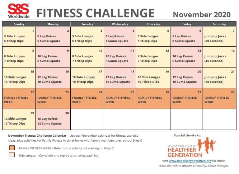 November 2020 Fitness Challenge Calendar - S&S Blog