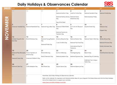 November Daily Holidays & Observances Printable Calendar - S&S Blog