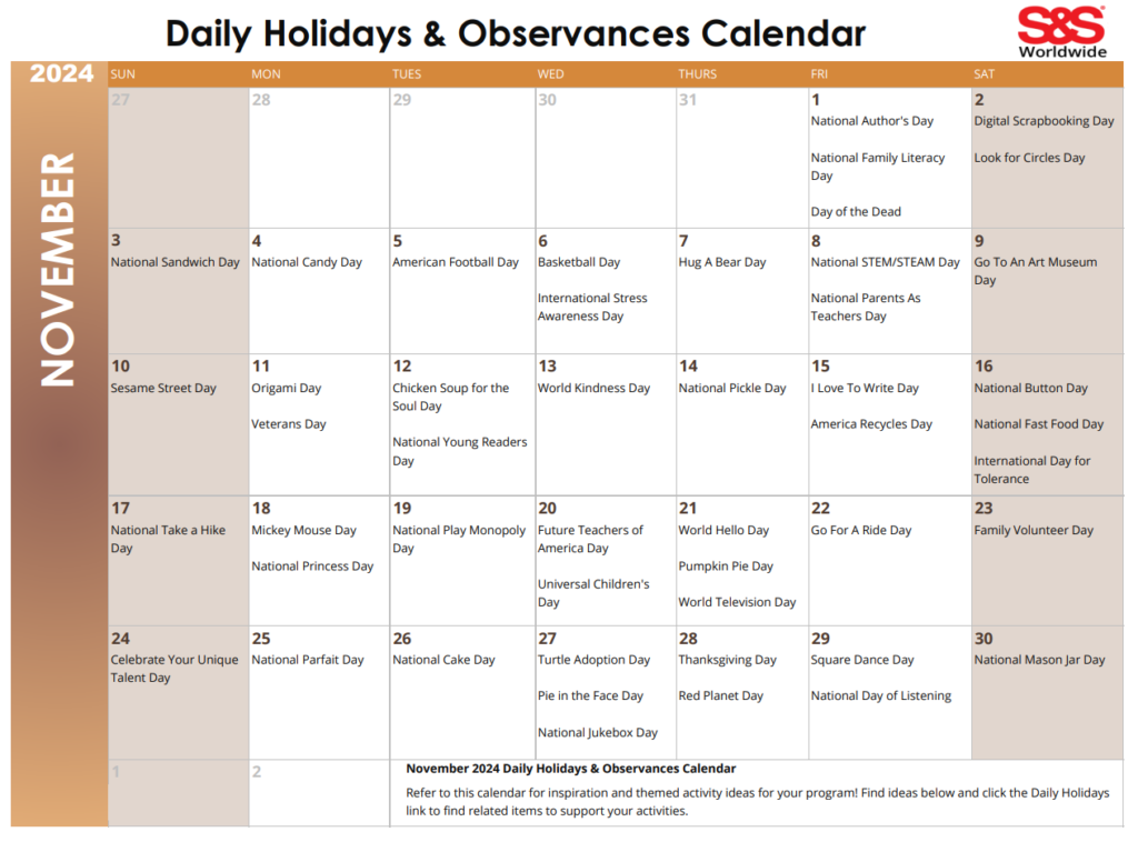December Daily Holidays & Observances Printable Calendar - S&S Blog
