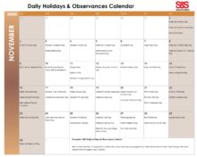 November Daily Holidays & Observances Printable Calendar - S&S Blog