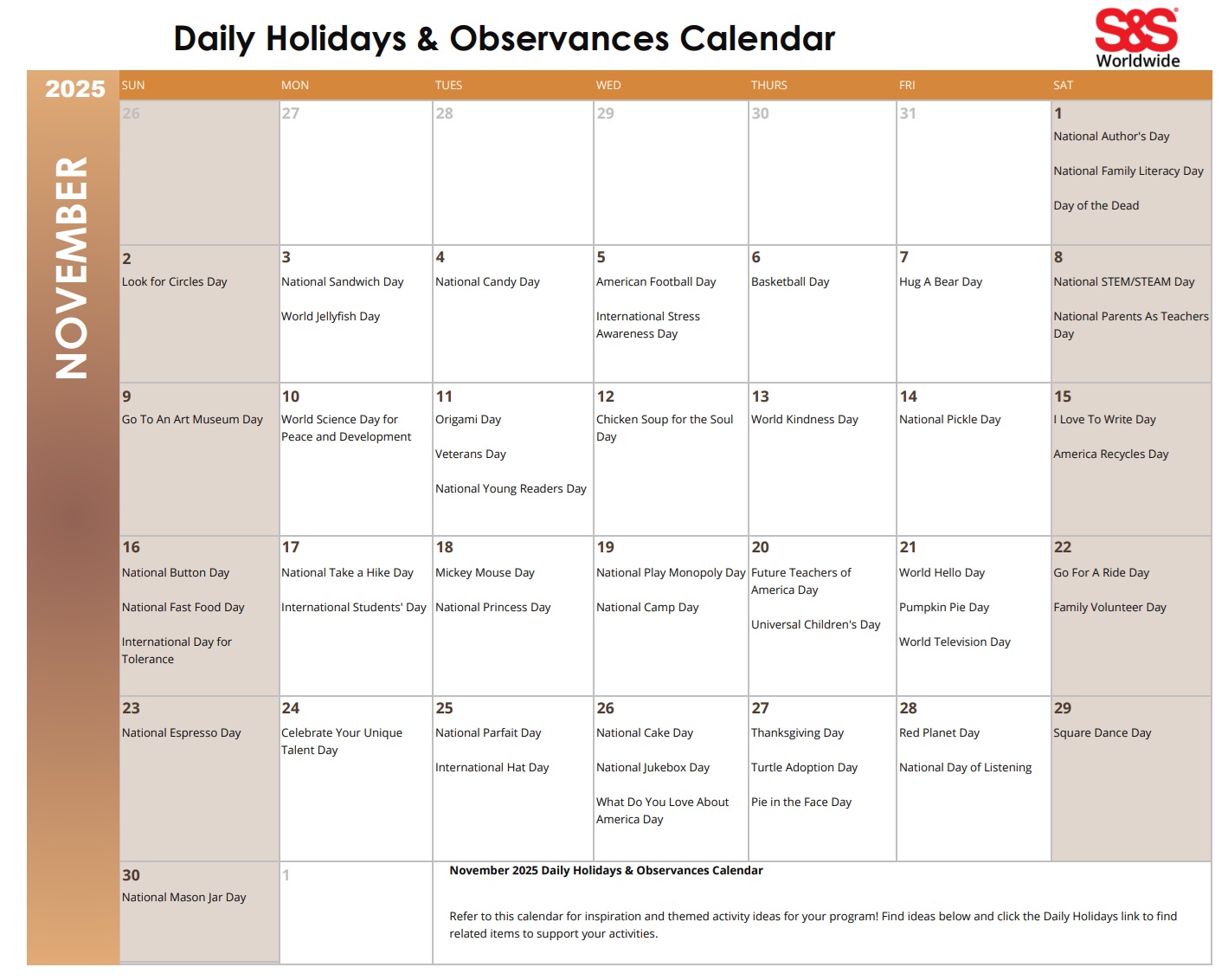 Daily Holidays & Observances Printable Calendar Archives - S&S Blog