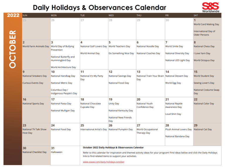 November Daily Holidays & Observances Printable Calendar - S&S Blog