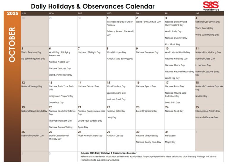 October Daily Holidays & Observances Printable Calendar - S&S Blog